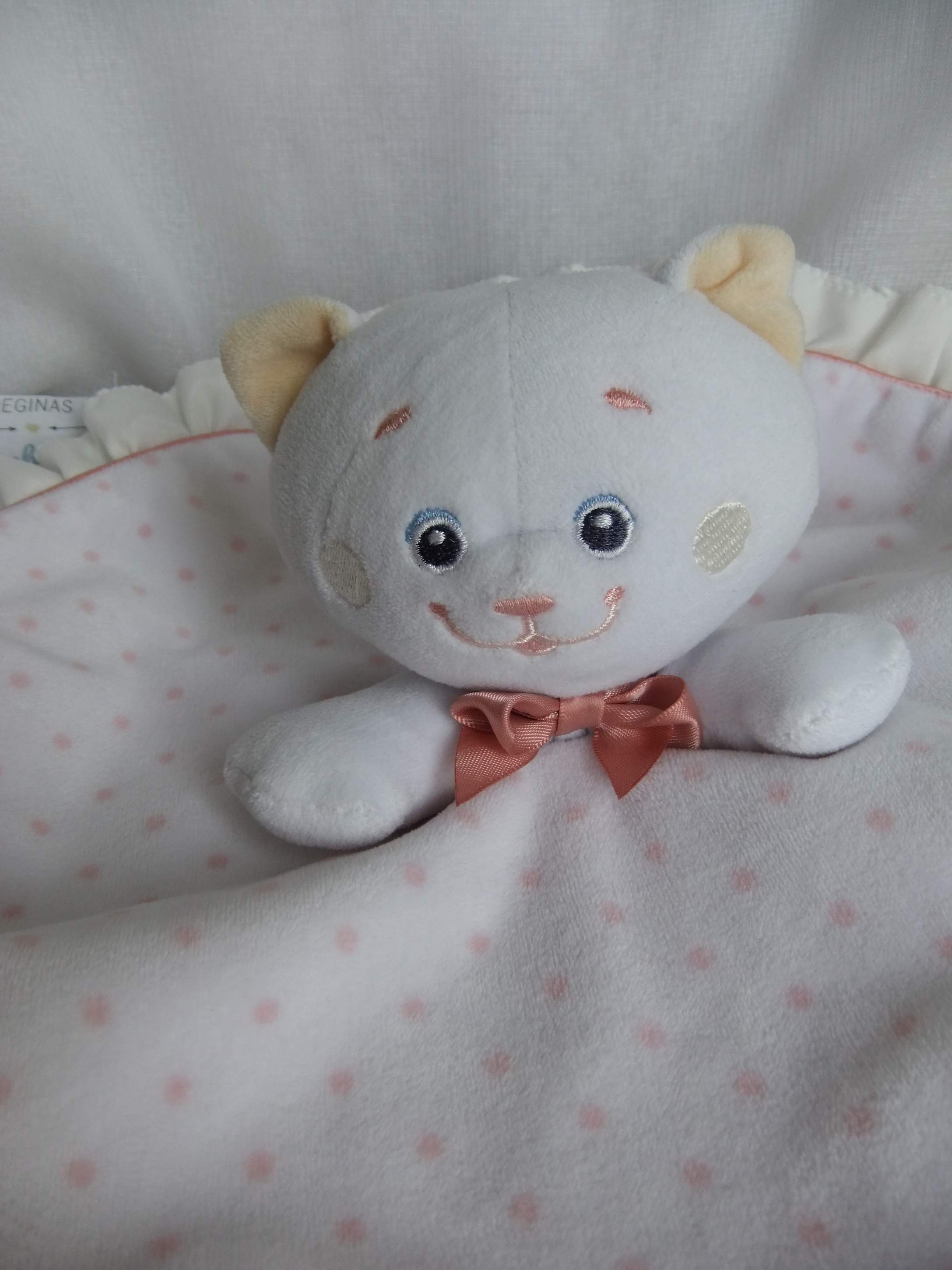 Trudi - Schmusetuch - Katze mit Schleife - weiß und rosa Punkten